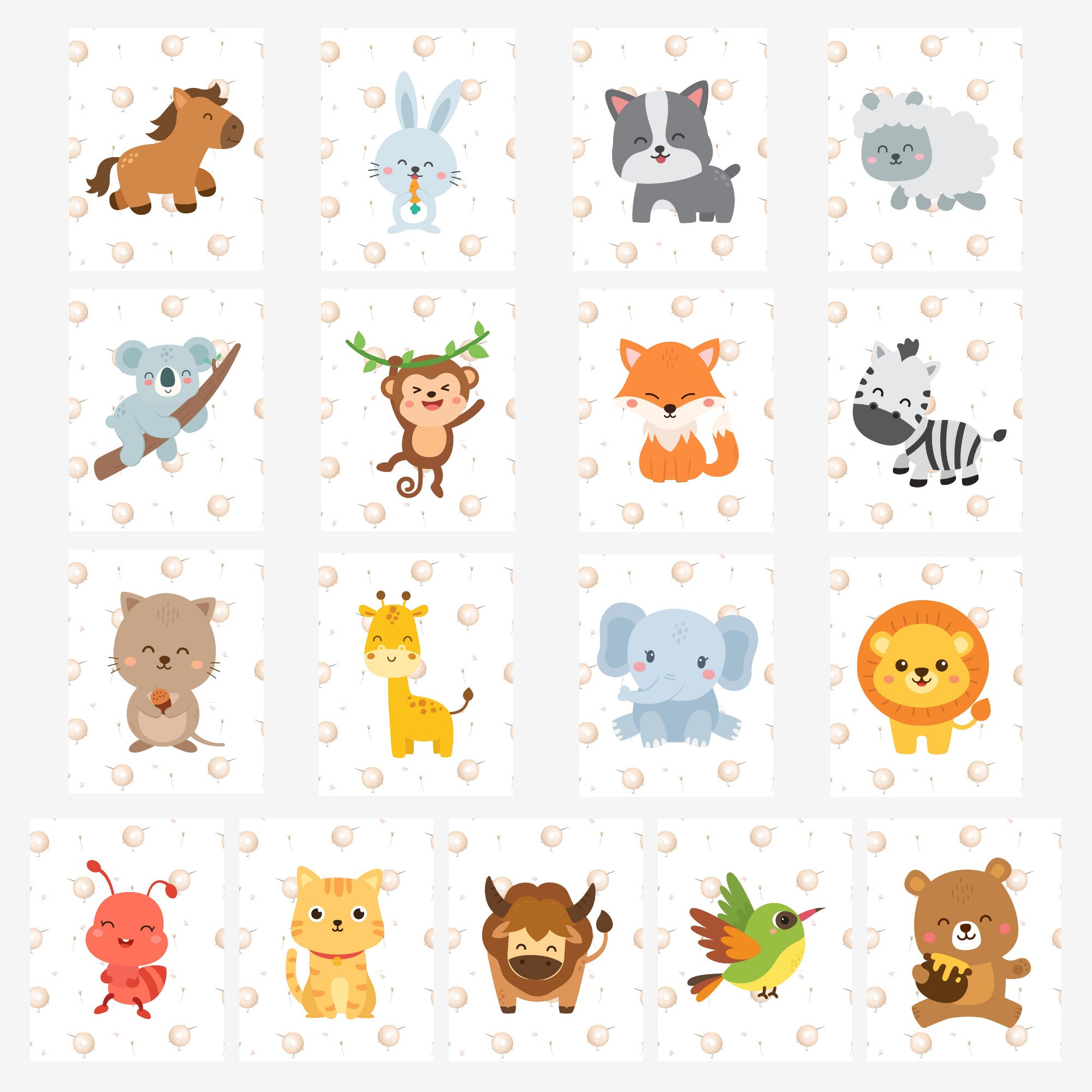 17 Pcs Cute Baby Animals Design Digital Printable Child Wall Art ...