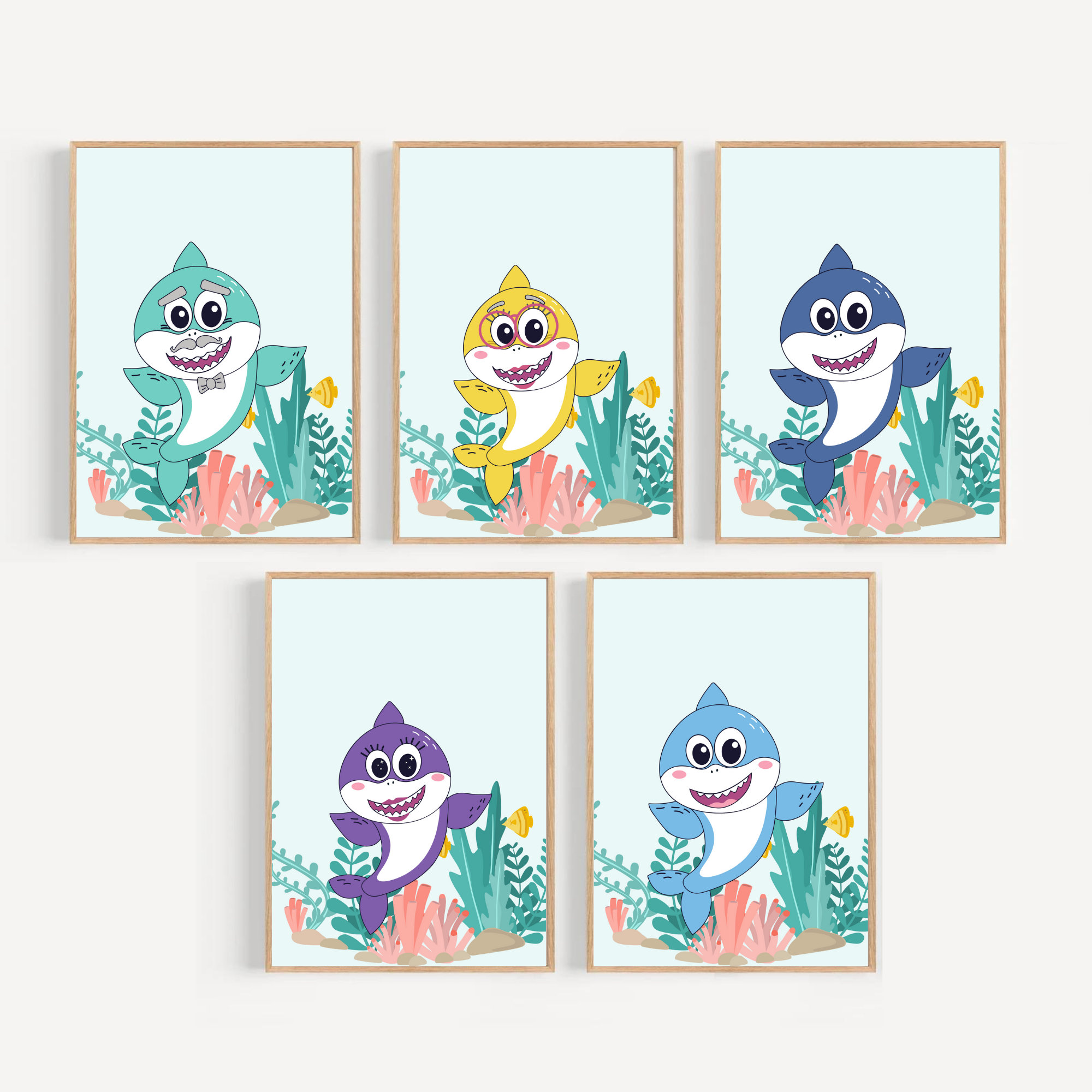 Baby Shark Printable Nursery Kid's Room Wall Art Set of 5/ Shark Family ...
