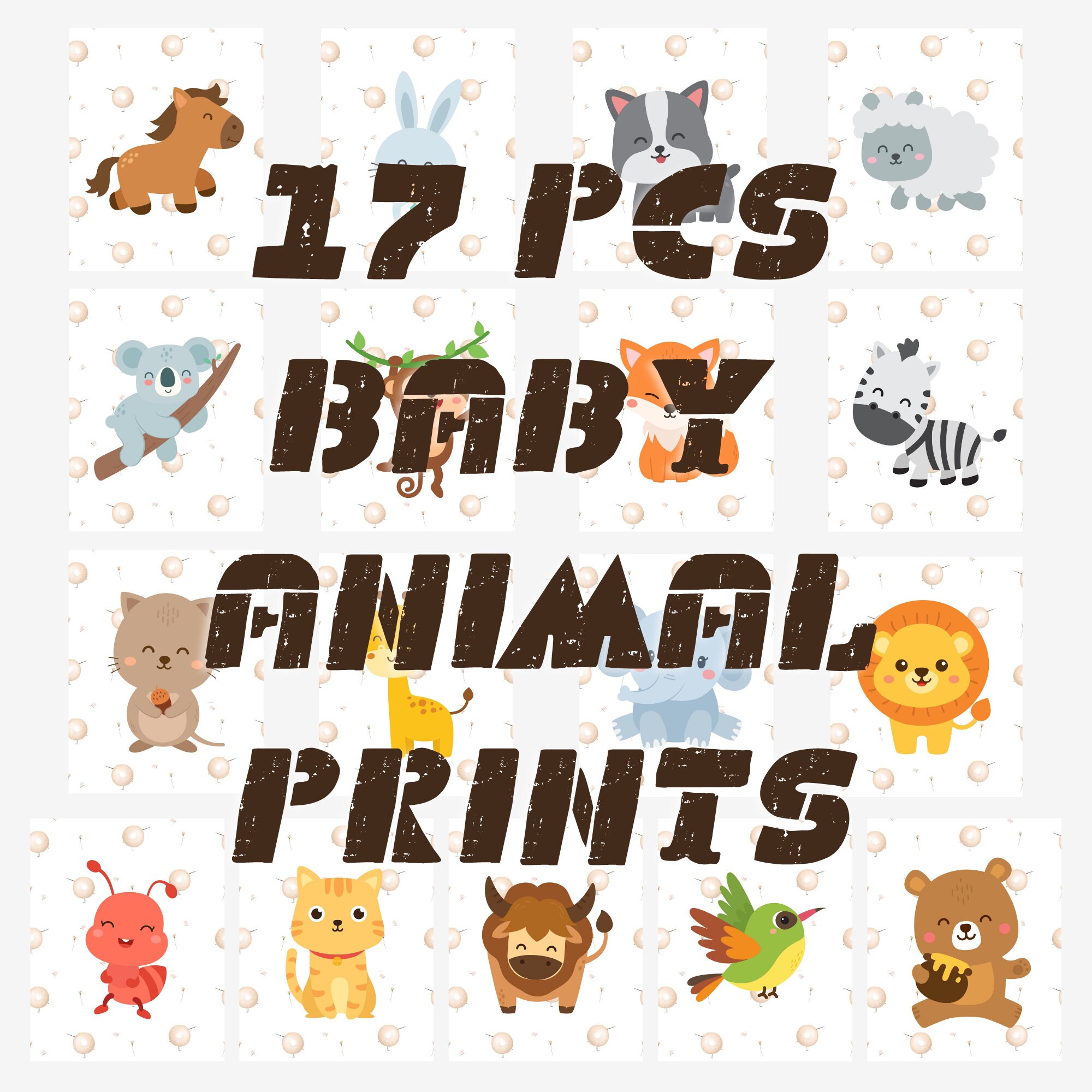 17 Pcs Cute Baby Animals Design Digital Printable Child Wall Art ...