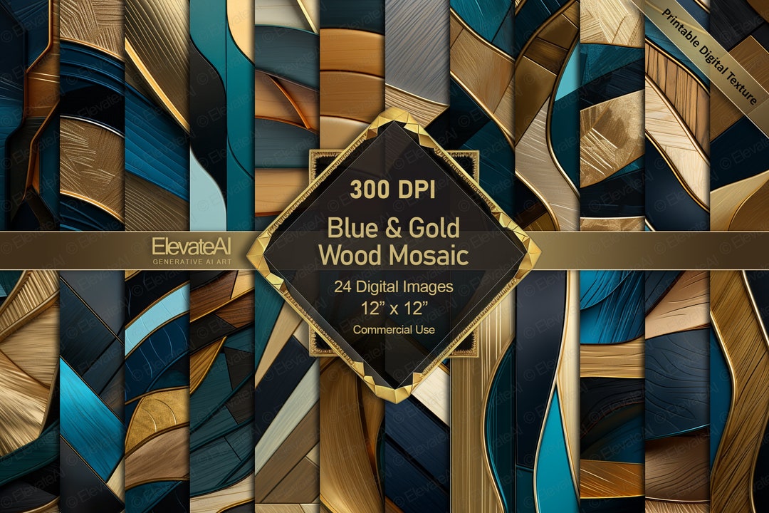 Printable Blue & Gold Wood Mosaic Textures 24 Digital Metallic Blue ...