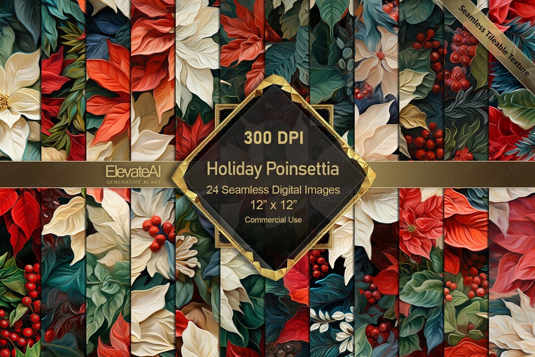 Printable Seamless Holiday Poinsettia Digital Artistic Poinsettia ...