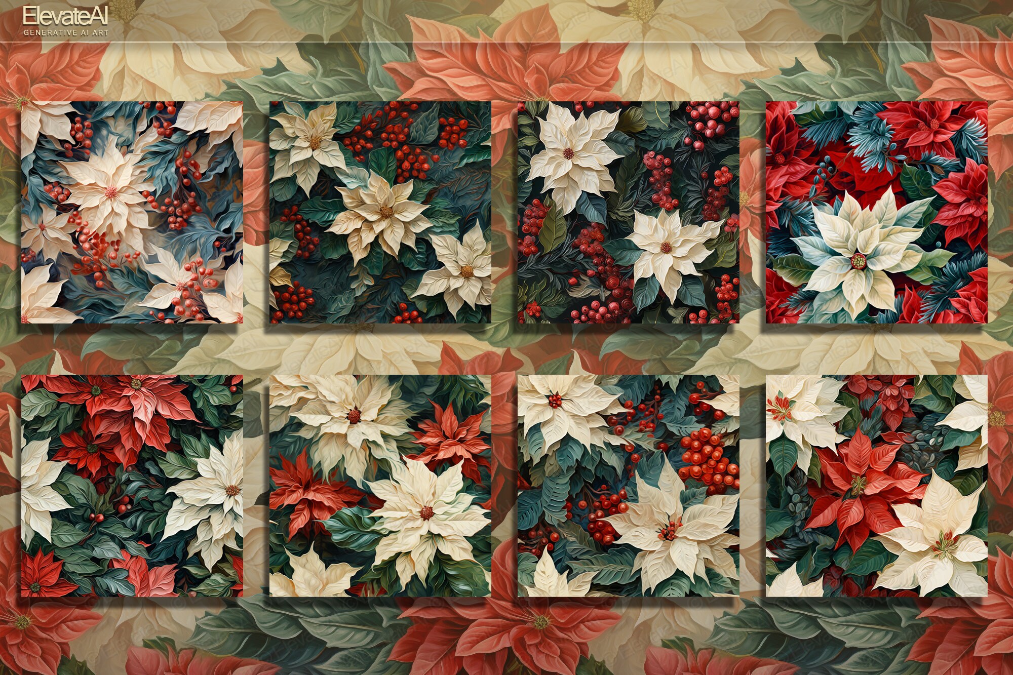 Printable Seamless Holiday Poinsettia Digital Artistic Poinsettia ...