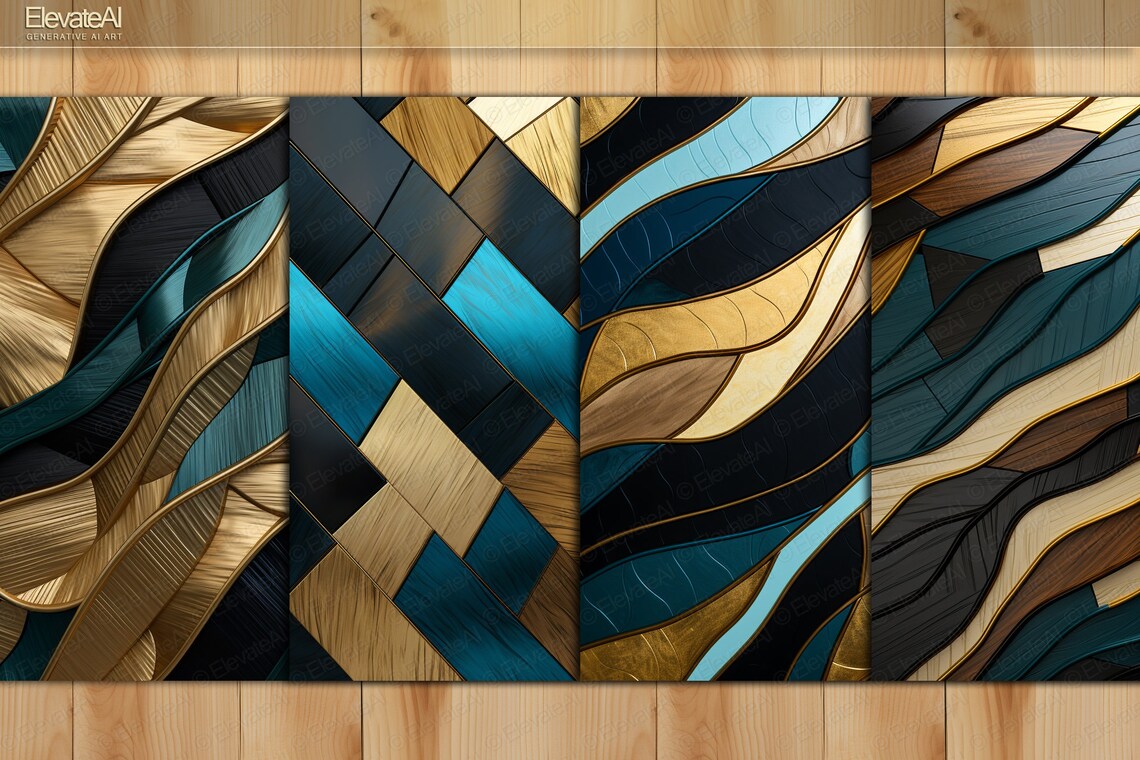 Printable Blue & Gold Wood Mosaic Textures 24 Digital Metallic Blue ...