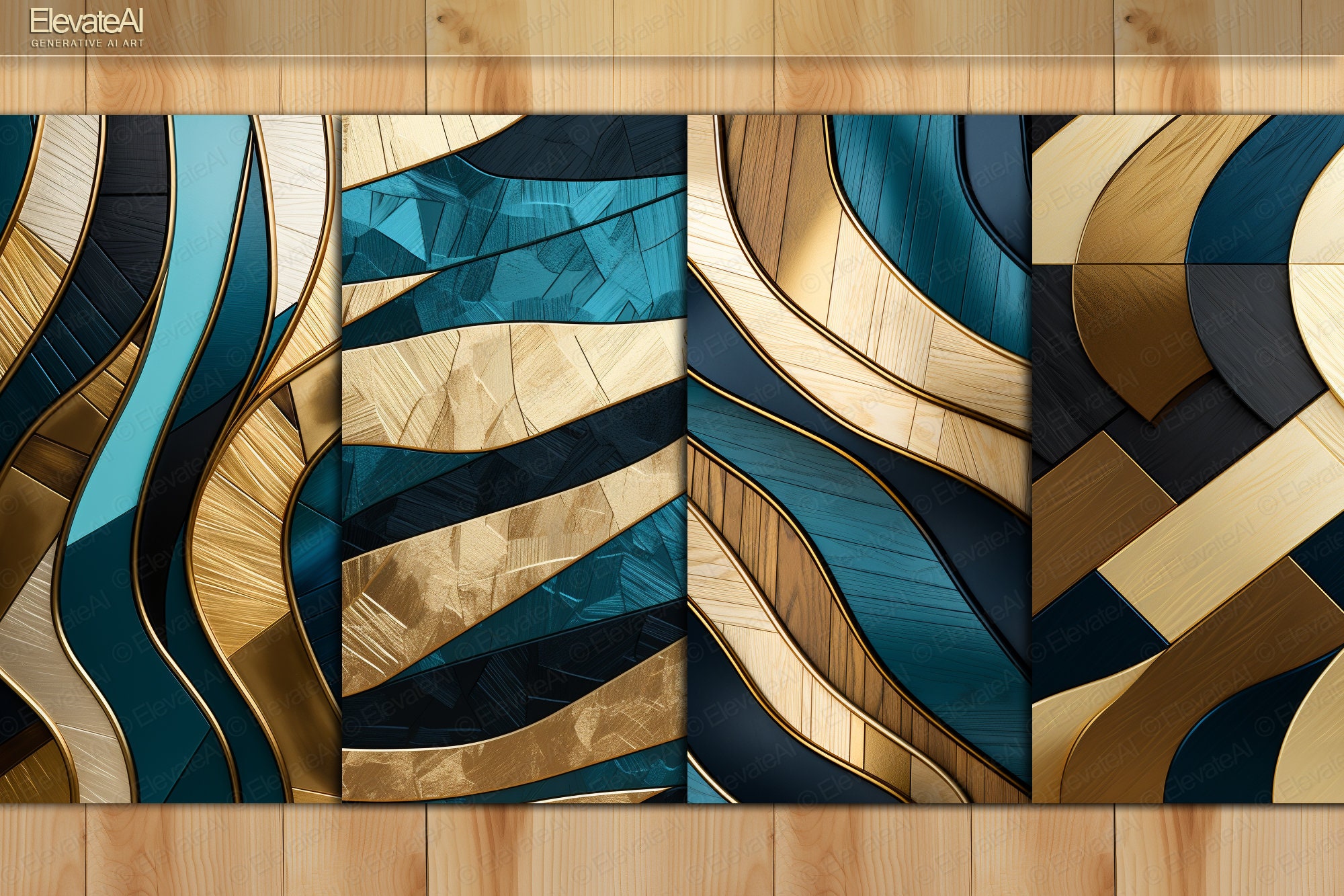 Printable Blue & Gold Wood Mosaic Textures 24 Digital Metallic Blue ...