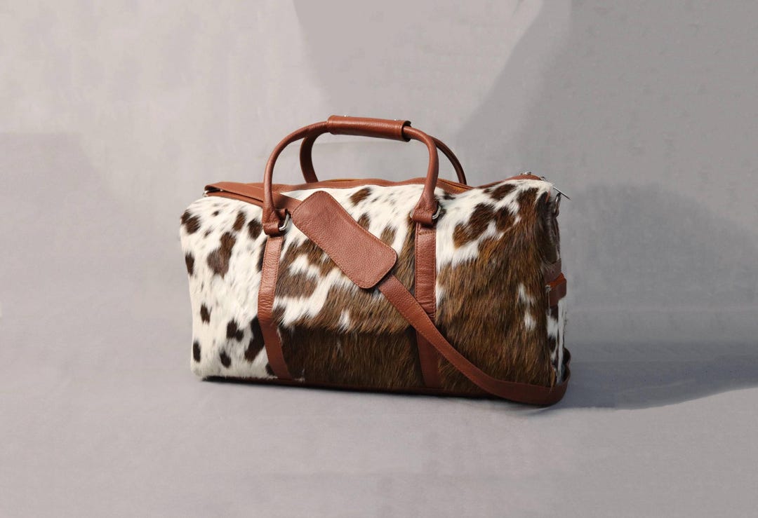 Personalized Cowhide Duffel Bag, Leather Travel Bag, Cow Hide Overnight ...