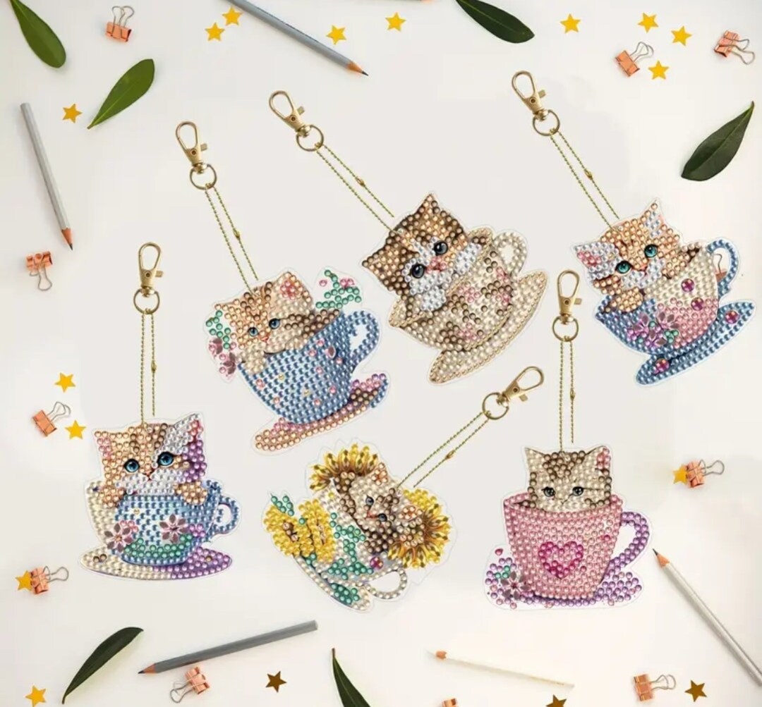 Diamond Art Painting Cute Cat in a Teacup Keyrings Keychains. Sparkly ...