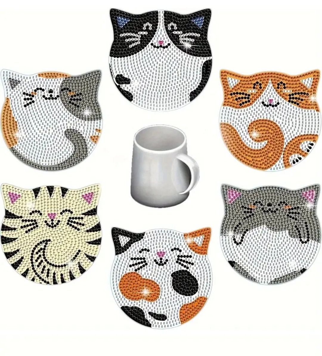 Gorgeous Set of Completed 6 Super Sparkly Cat Coasters. Cute Cats ...