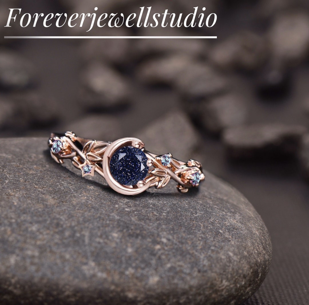 Nature Inspired Galaxy Blue Sandstone Engagement Ring Moon Star Design ...