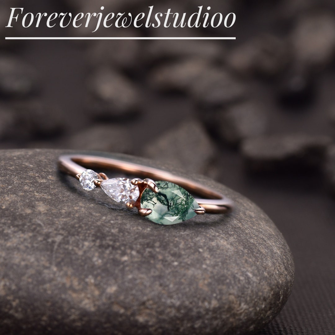 Vintage Moss Agate Ring Engagement Ring, Pear Cut Gems, Art Deco ...