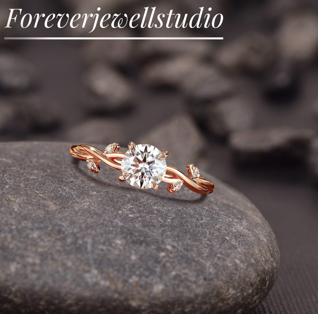 Round Moissanite Engagement Ring Rose Gold Twig Diamond Twist Wedding ...
