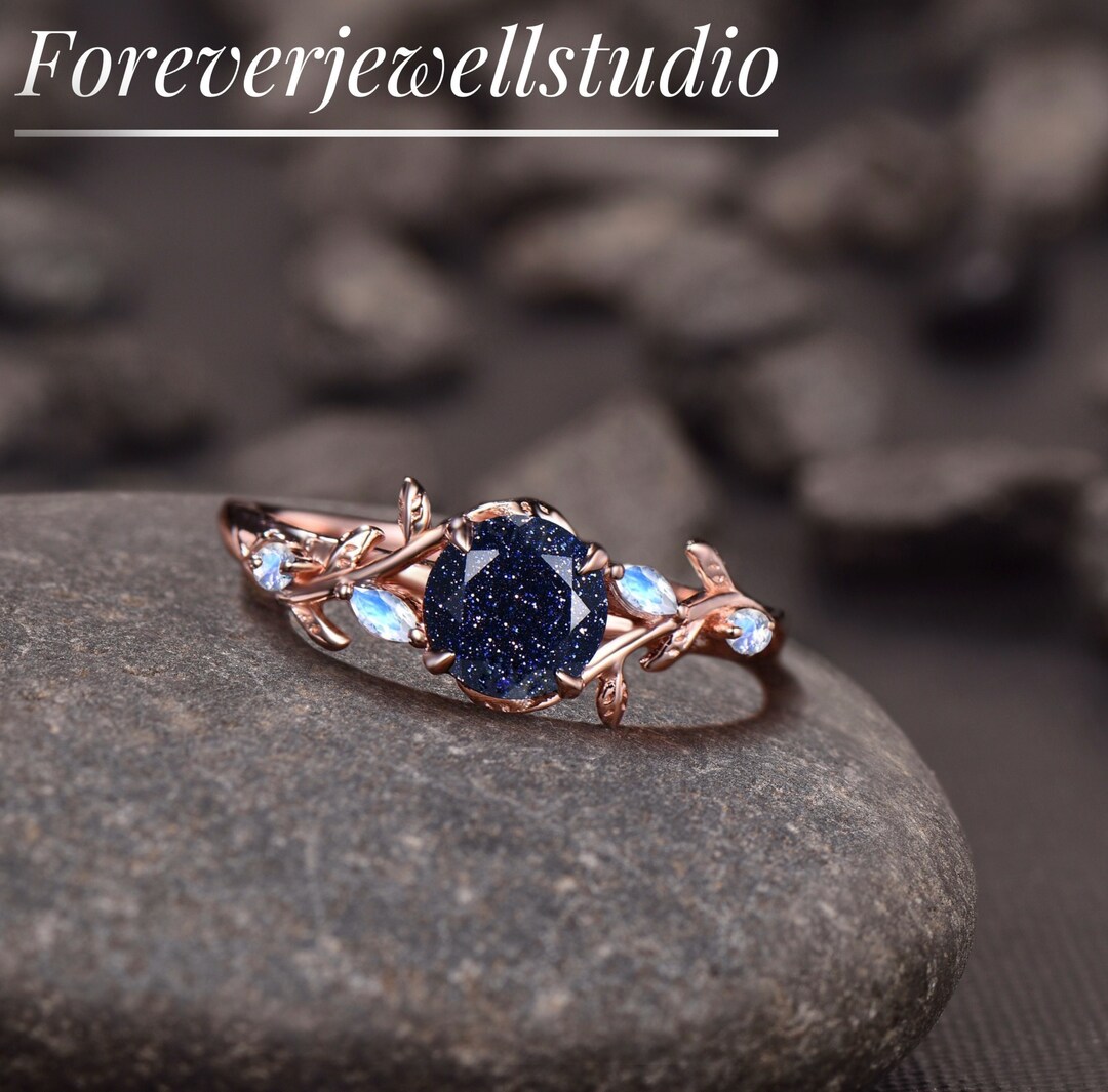 Galaxy Sandstone Ring, Blue Sandstone Leaf Engagement Ring,twig Leaf ...