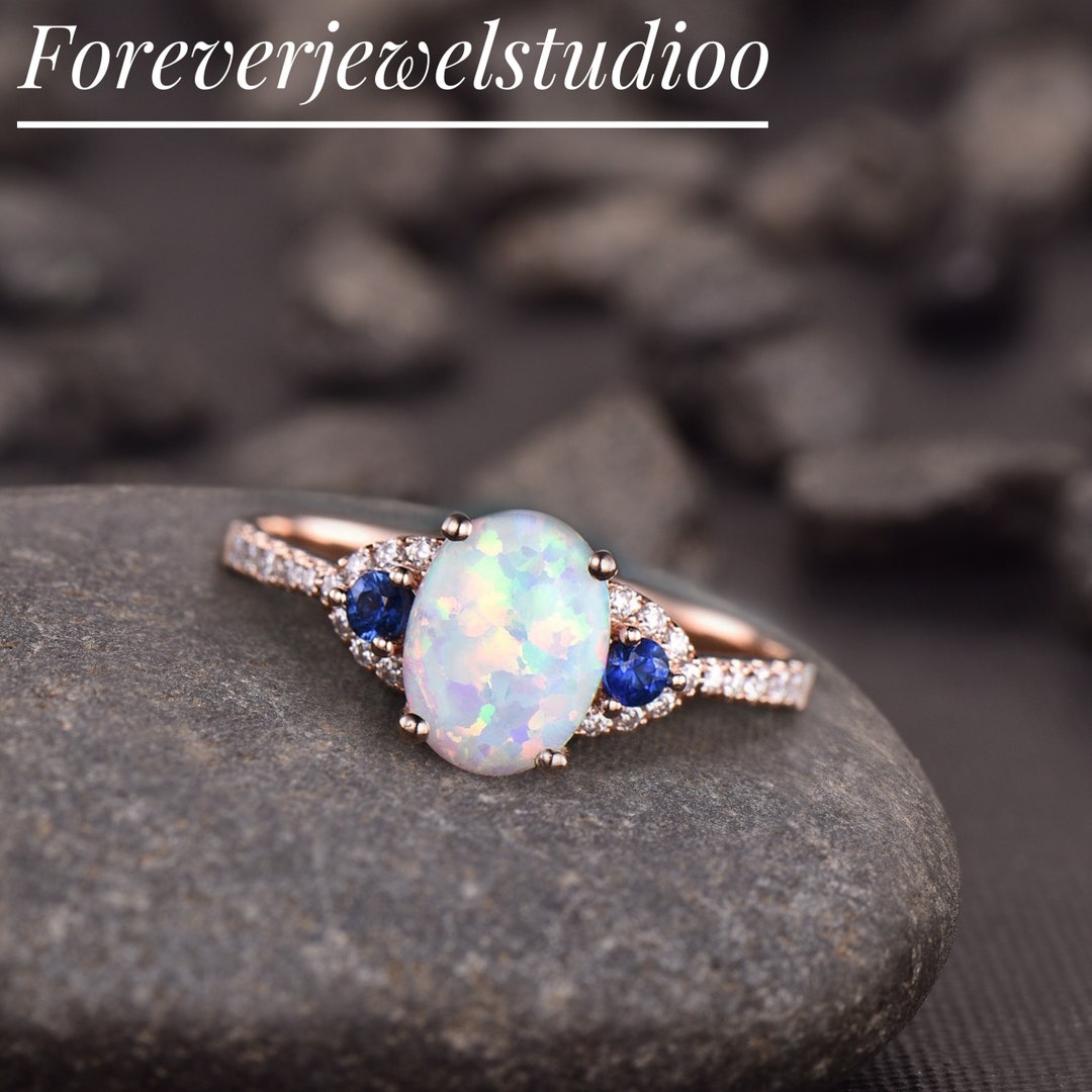 White Fire Opal Ring, Sapphire Engagement Ring, Rose Gold Women Wedding ...