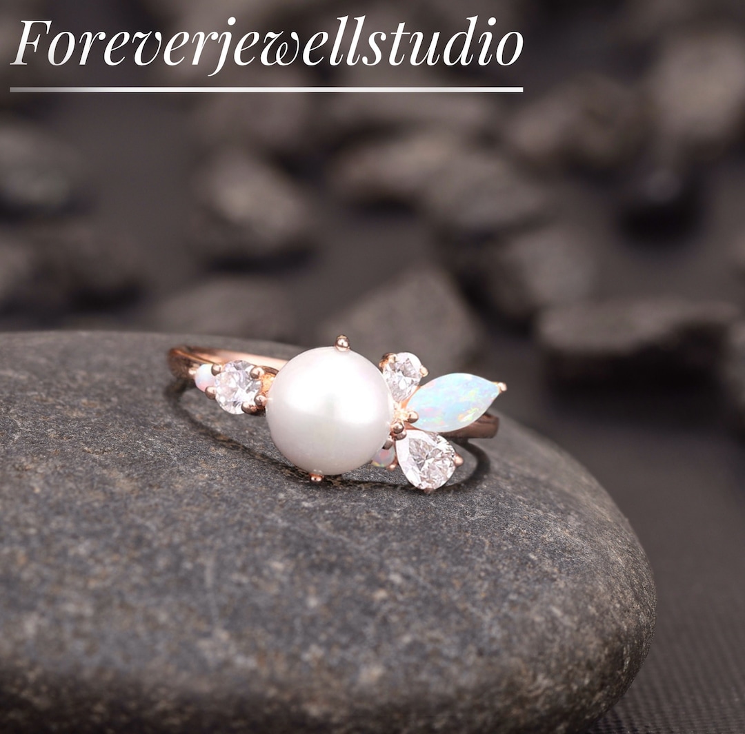 Vintage Pearl Opal Ring, Dainty Ring, Round Pear Ring, Moissanite ...