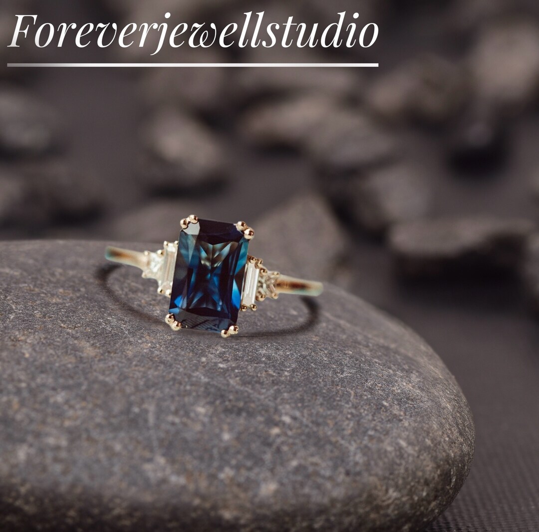Blue Gemstone Ring, Sapphire Engagement Ring, Emerald Cut Sapphire ...