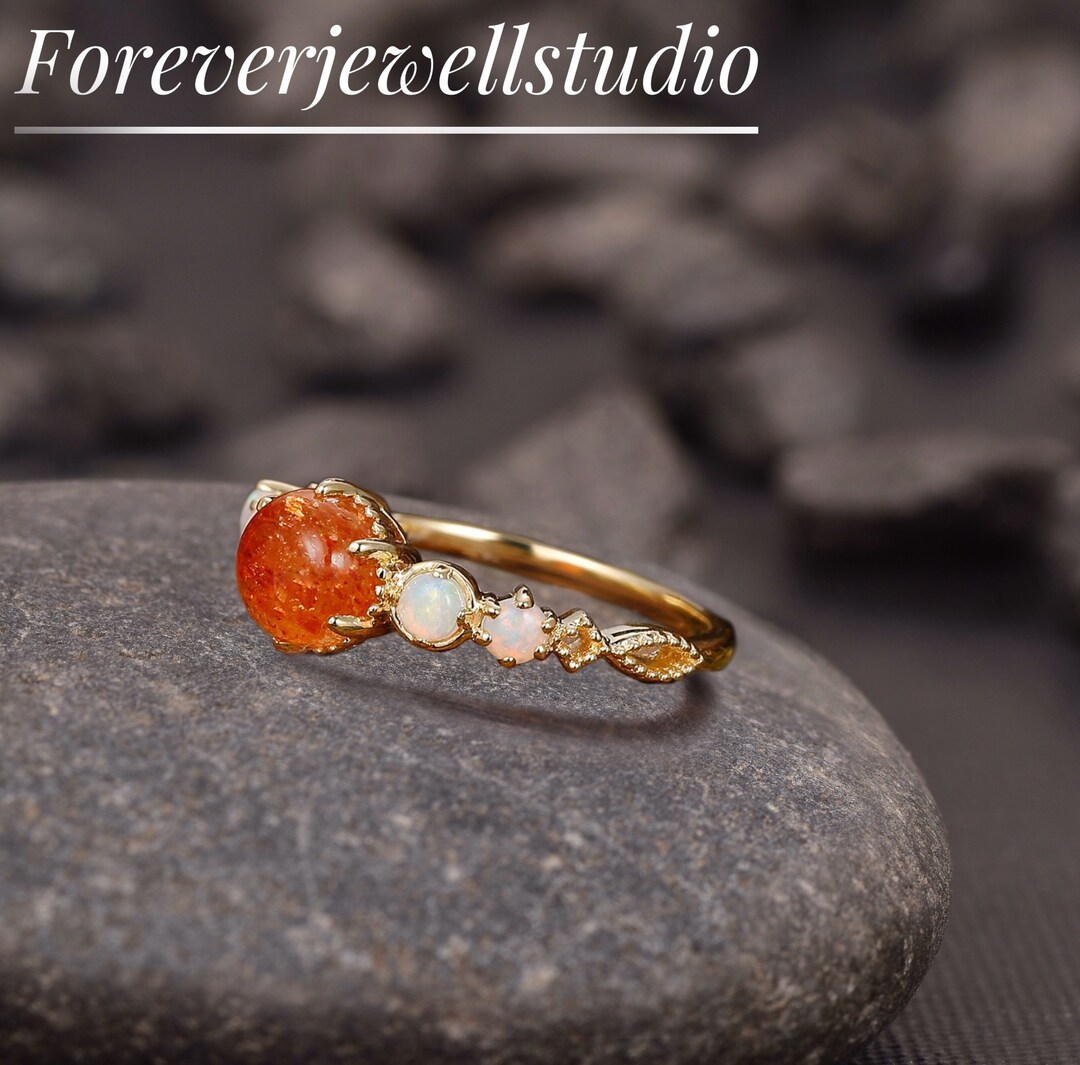 Vintage Sunstone Opal Ring, Dainty Ring, Round Sunstone Opal Ring, Art ...