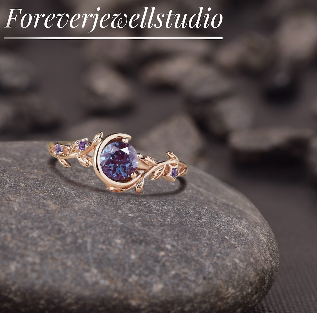 Nature Inspired Moon Star Ring, Alexandrite Engagement Ring, Antique ...