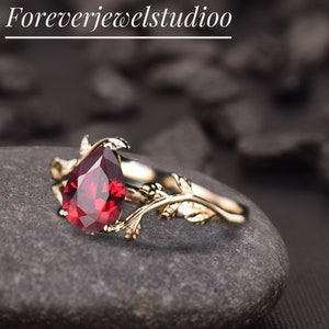 1.25ct Pear Shaped Ruby Gemstone Jewelry, 14K Yellow Gold Twig Leaf ...