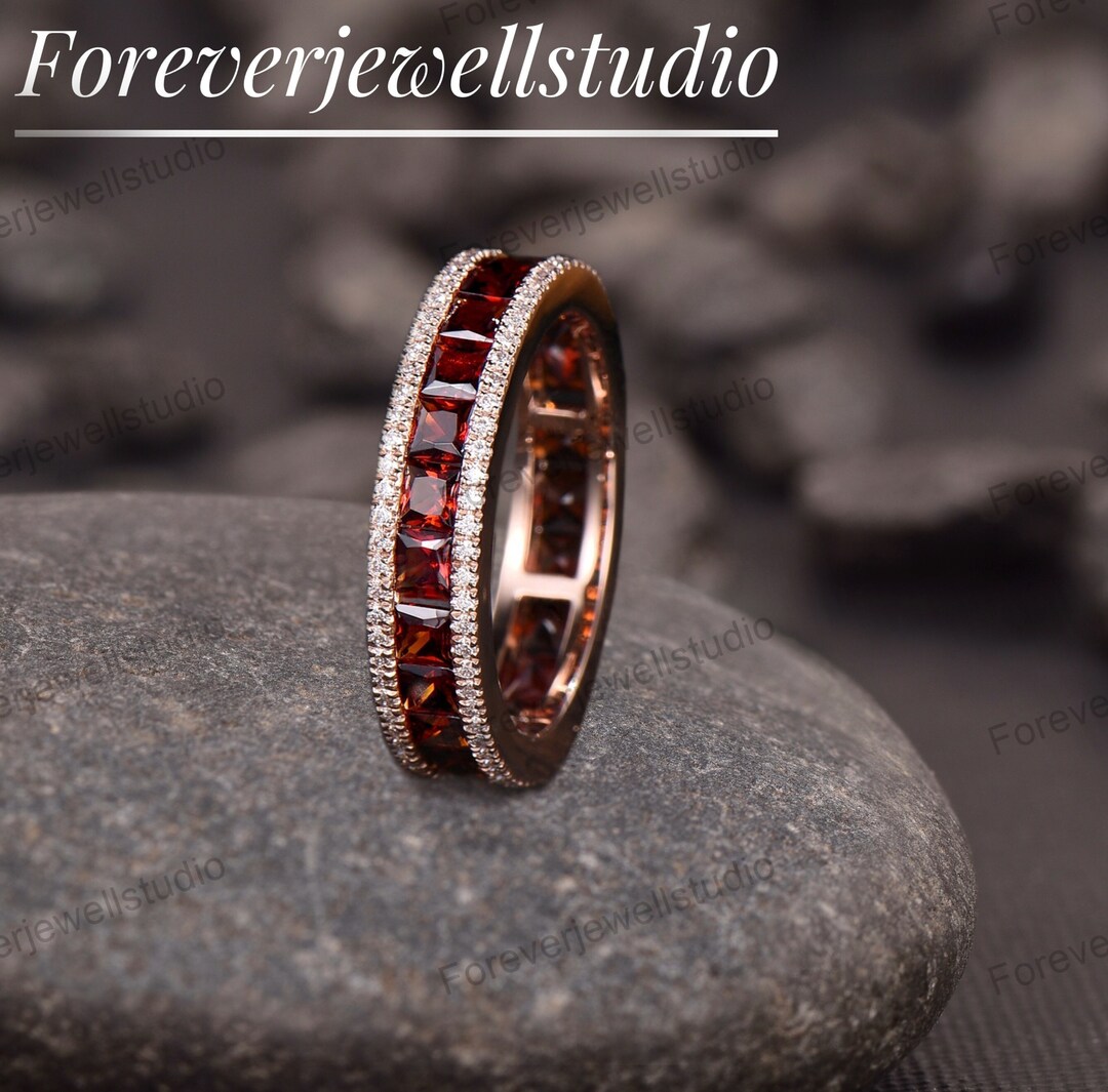 Natural Princess-cut Garnet Wedding Band, Princess Cut Fire Garnet Band Ring, Matching Band ...