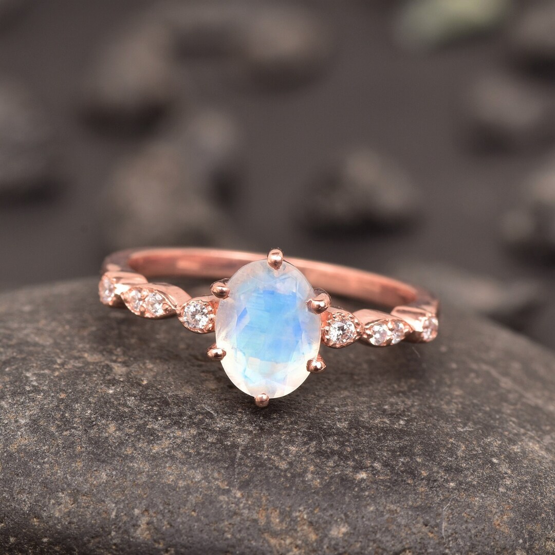Vintage Oval Moonstone Engagement Ring, Oval Cut Ring, Rainbow ...