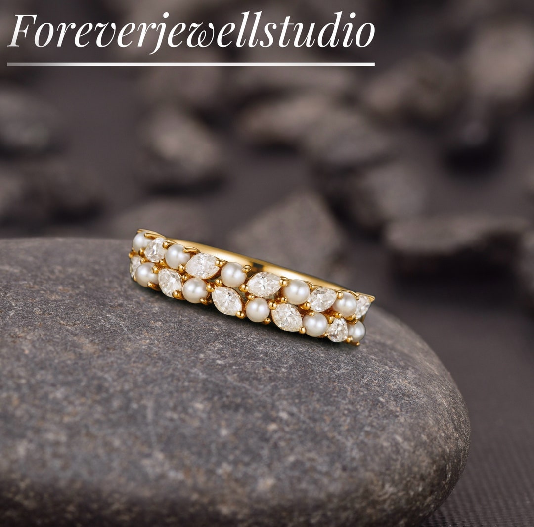 Pearl Diamond Wedding Band Women Rose Gold Pearl Matching Band Akoya ...