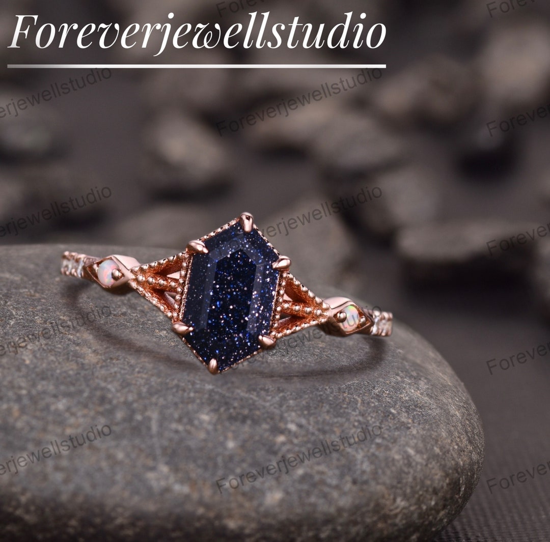 Vintage Blue Sandstone Engagement Ring, Long Hexagon Cut Sandstone Ring ...