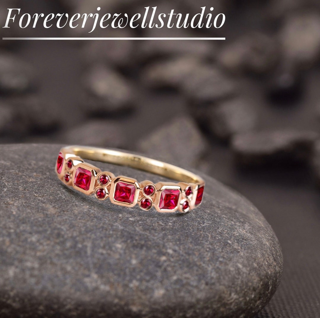 Vintage Ruby Wedding Band, Princess-cut Ruby Ring, Bezel Setting Band ...
