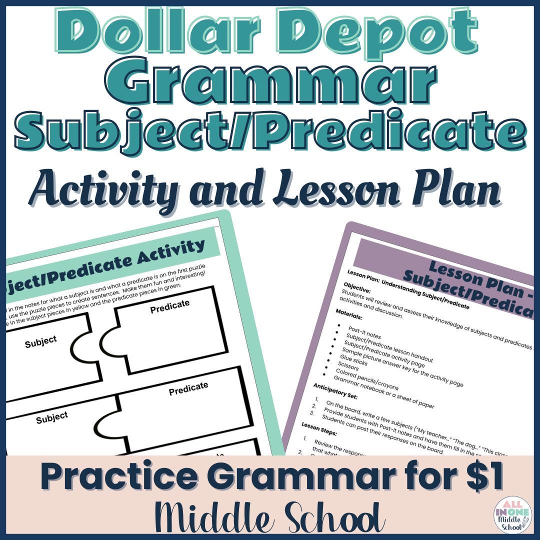 Grammar Activity | Subject & Predicate | Dollar Products | Middle ...