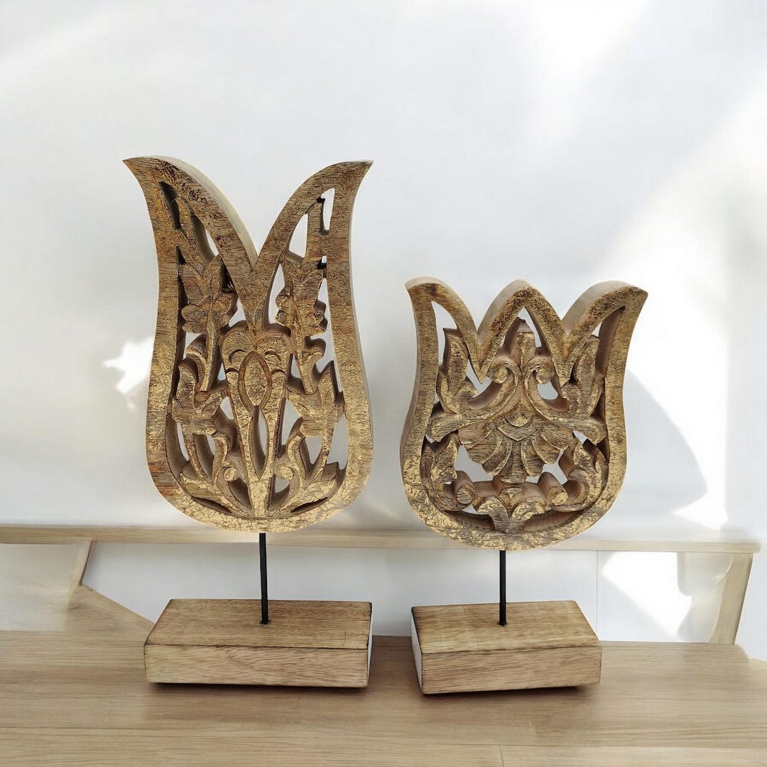 Set of 2 Rustic Tulip Wood Signs - Handcrafted Golden Foil Floral Decor ...