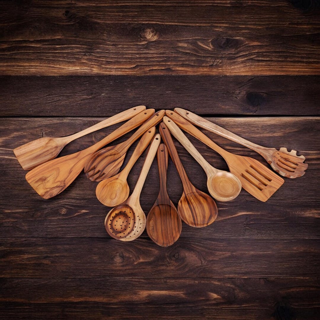Handcrafted Teak Wood Utensil Set: Olive Oil Finish, 10 Pcs - Etsy