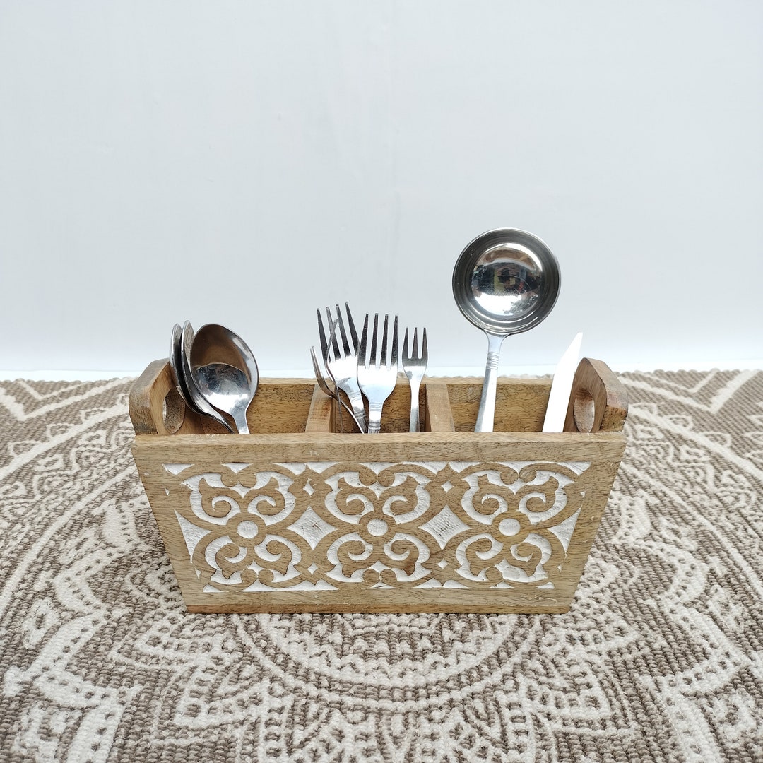 Wooden Cutlery Caddy Stand Holder for Kitchen and Dining Table 3 ...