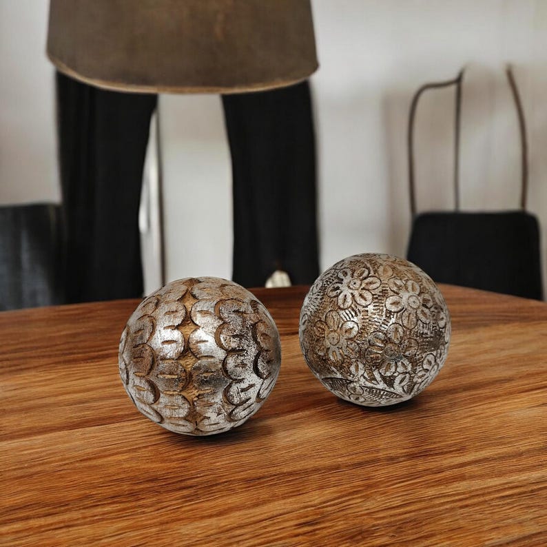 Mango Wood Decorative Ball Set: Brown With Silver Foil Accents - Etsy