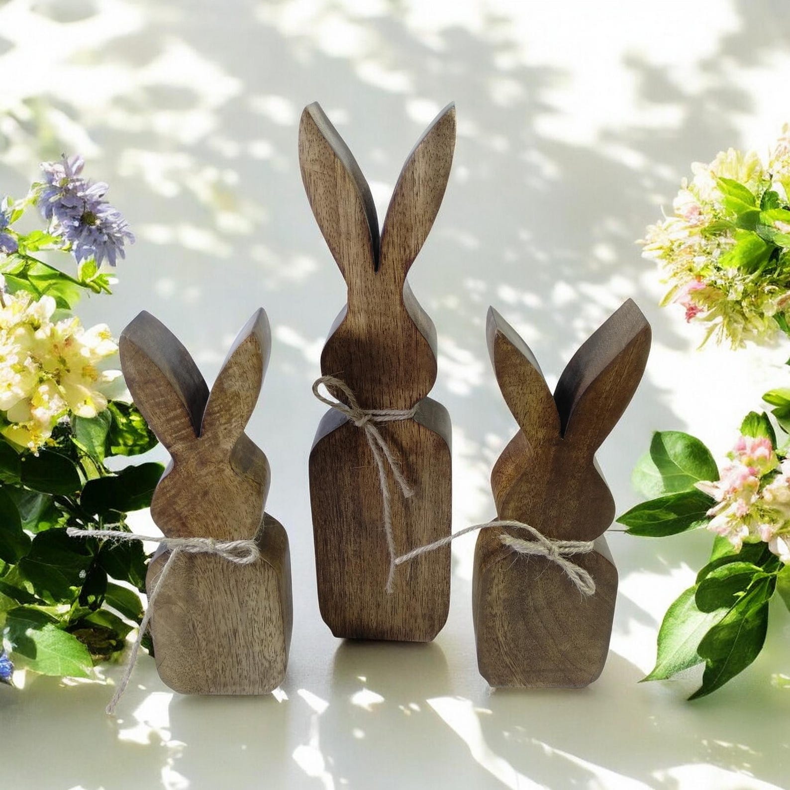 Set of 3 Rustic Wooden Bunnies With Jute Rope Neck – Freestanding Brown ...