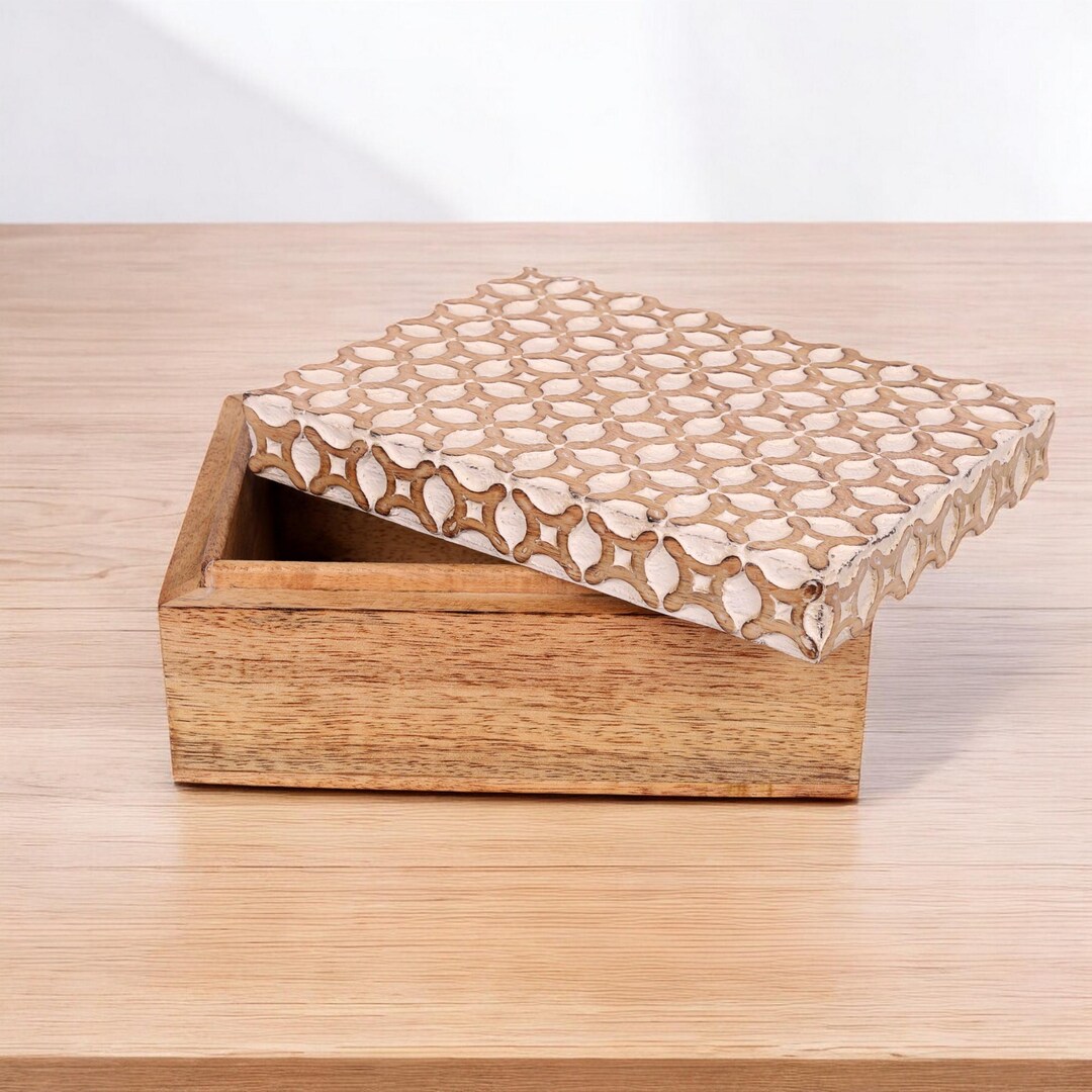 Handcrafted Mango Wood Keepsake Box: Rustic Carved Lid (5x7x3) - Etsy