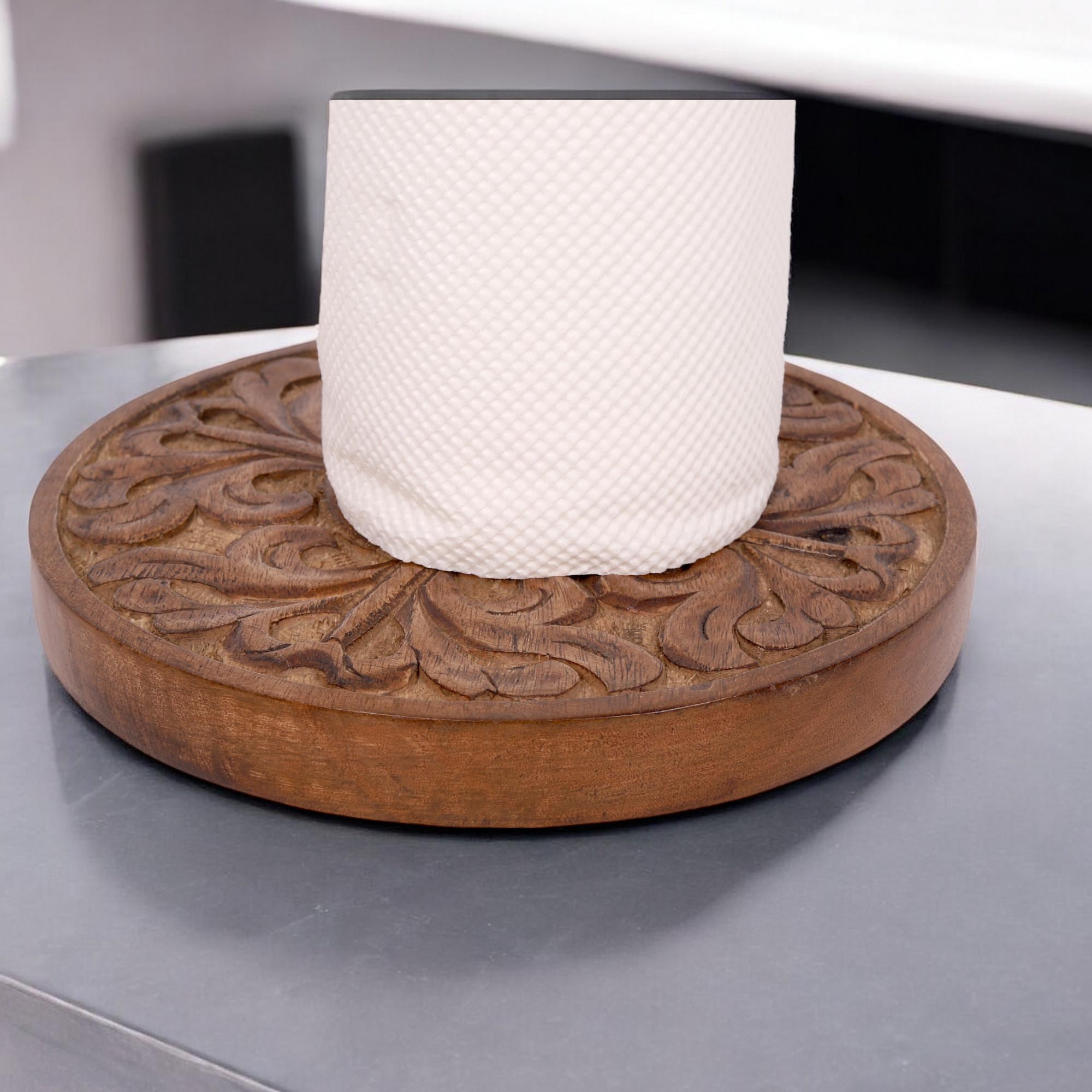 Wooden Paper Towel Holder With Carved Design | Rustic Countertop Roll ...