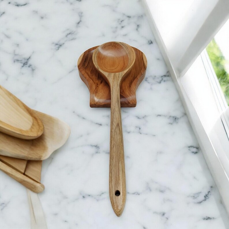Teak Wood Spoon Rest for Kitchen - Smooth Wooden Spoon Holder - Perfect ...