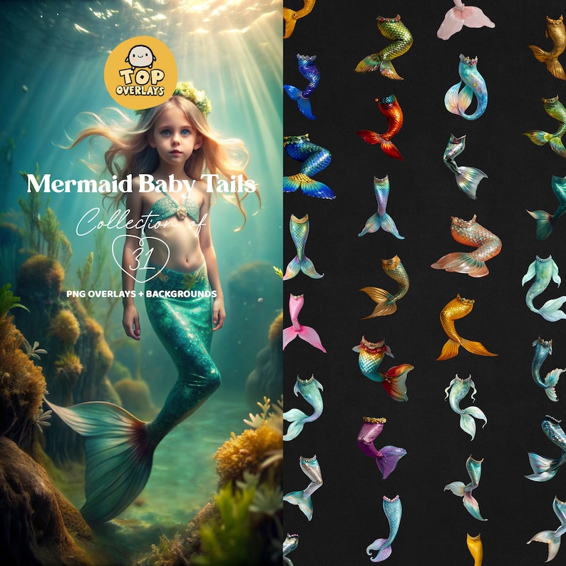 31 Mermaid Baby Tails and Decorations PNG Photo Overlays – Cute and ...