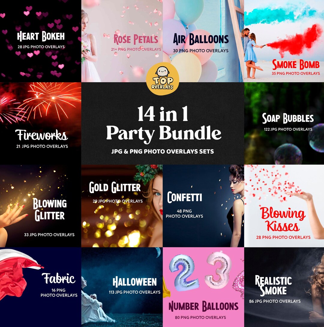 Party JPG and PNG Photo Overlays Complete Bundle – Balloons, Glitter ...