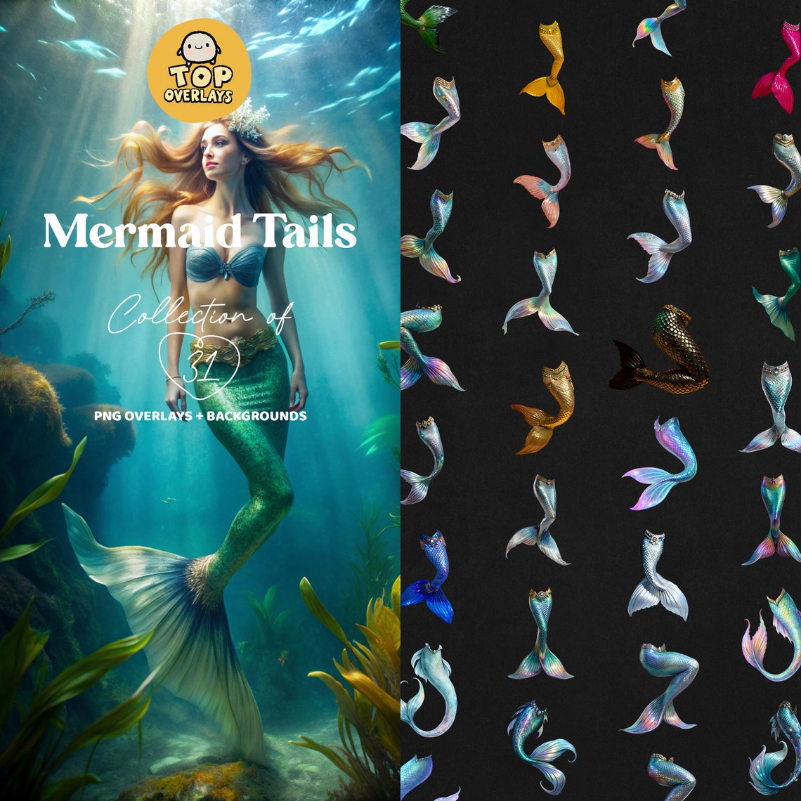 31 Mermaid Tails PNG Photo Overlays – Colorful Fantasy Elements for ...