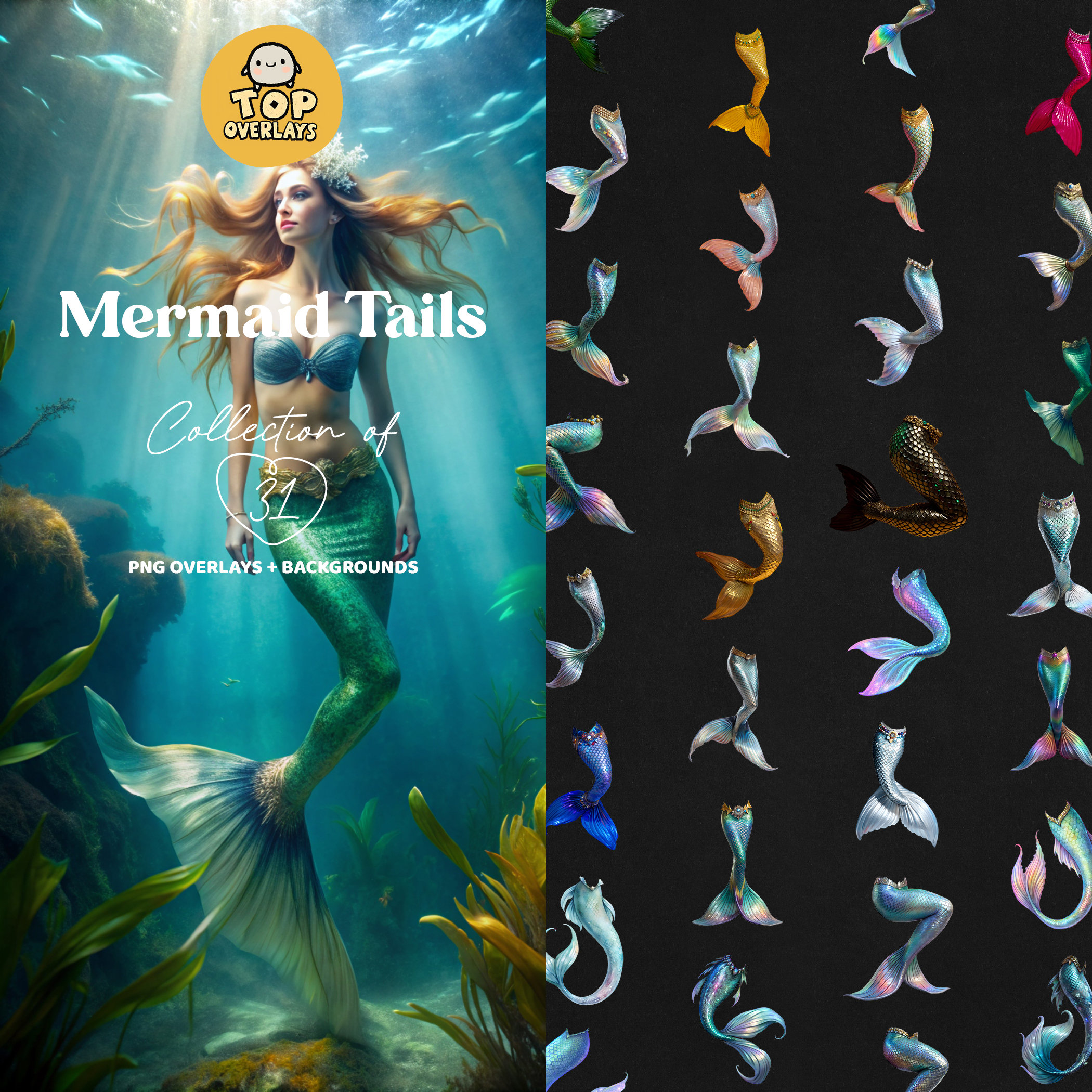 31 Mermaid Tails PNG Photo Overlays – Colorful Fantasy Elements for ...