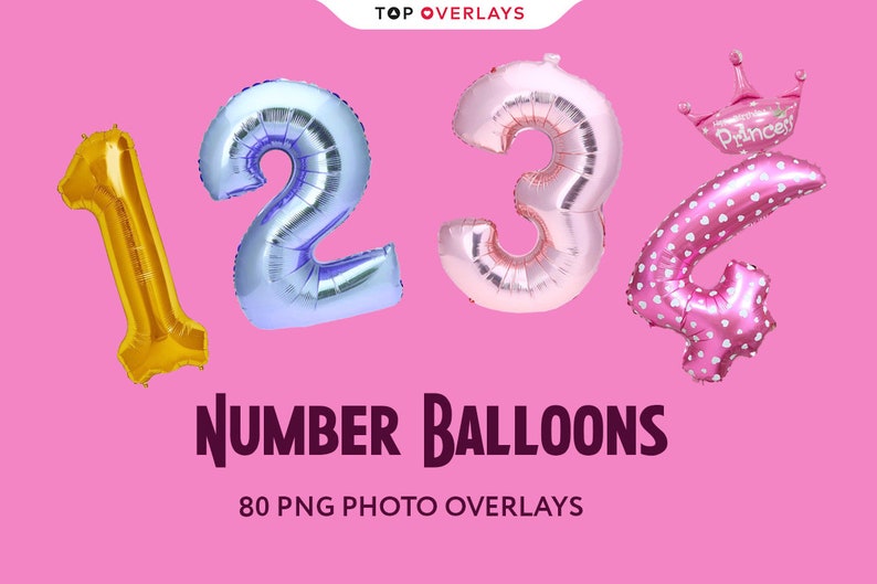 80 Number Balloons Photo Overlays, Digit Overlays, Birthday Overlays ...