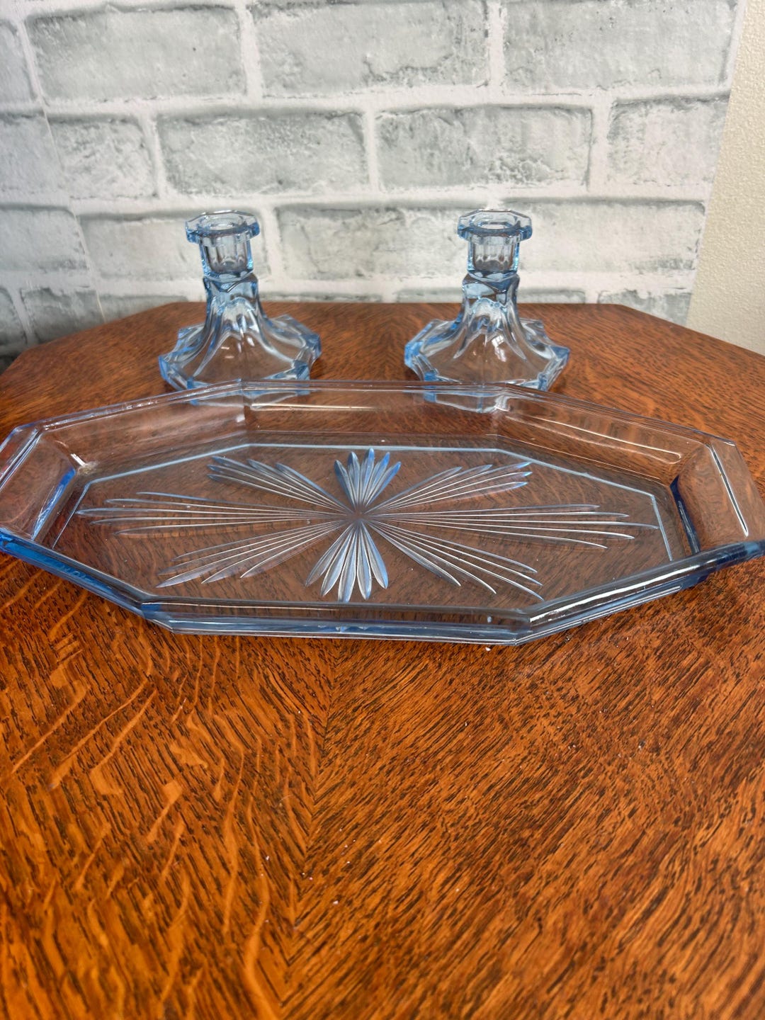Art Deco Blue Glass Dressing Table Tidy Vanity Tray and 2 Candle ...