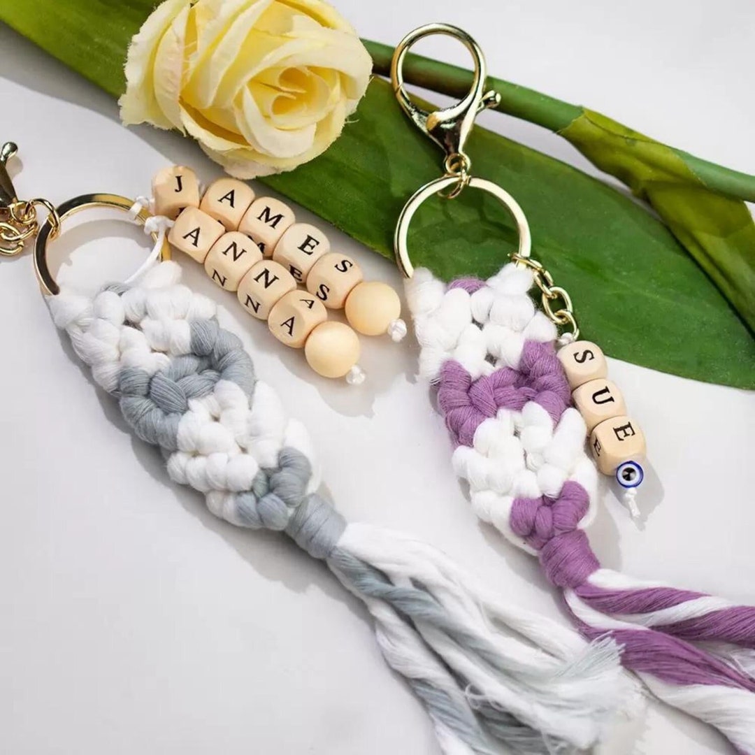 Personalized Macrame Name Keychain Wristlet Lanyard Knitted Boho Bag ...