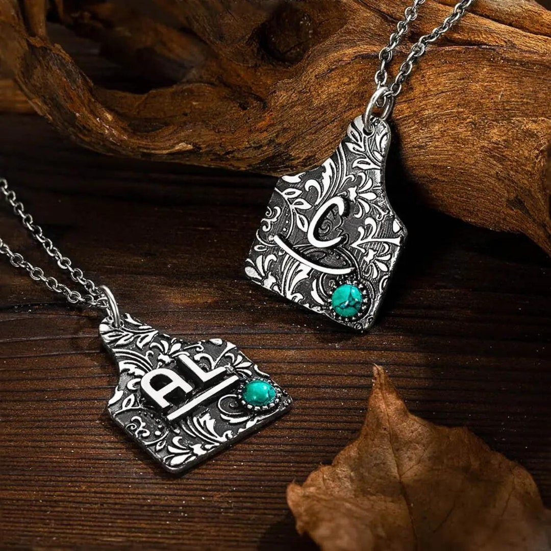 Personalized Cow Tag Name Necklace Boho Turquoise Gemstone South ...