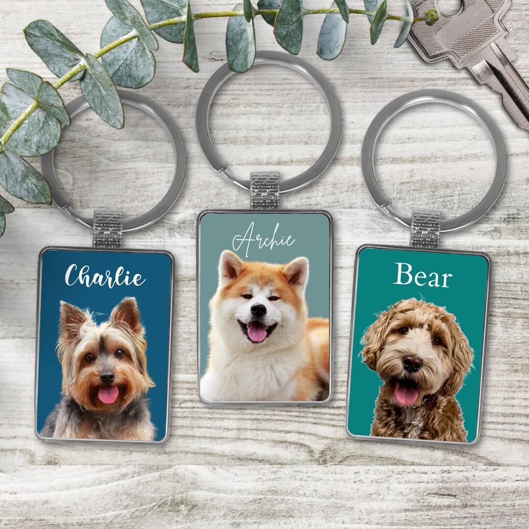 Custom Pet Photo Keychain Personalized Dog Cat Portrait Name Metal ...
