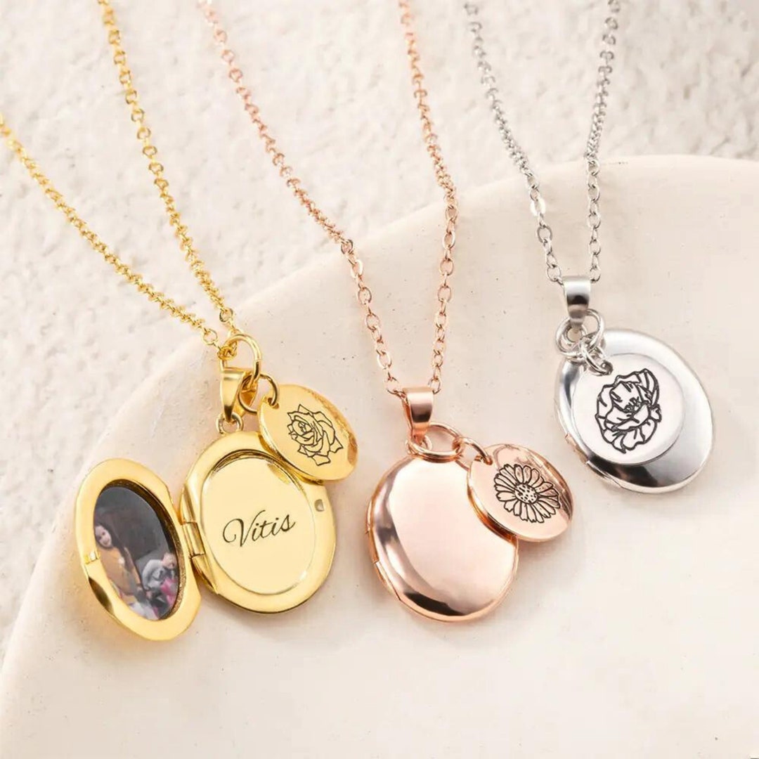 Custom Birth Flower Photo Locket Necklace Personalized Engraved Name ...