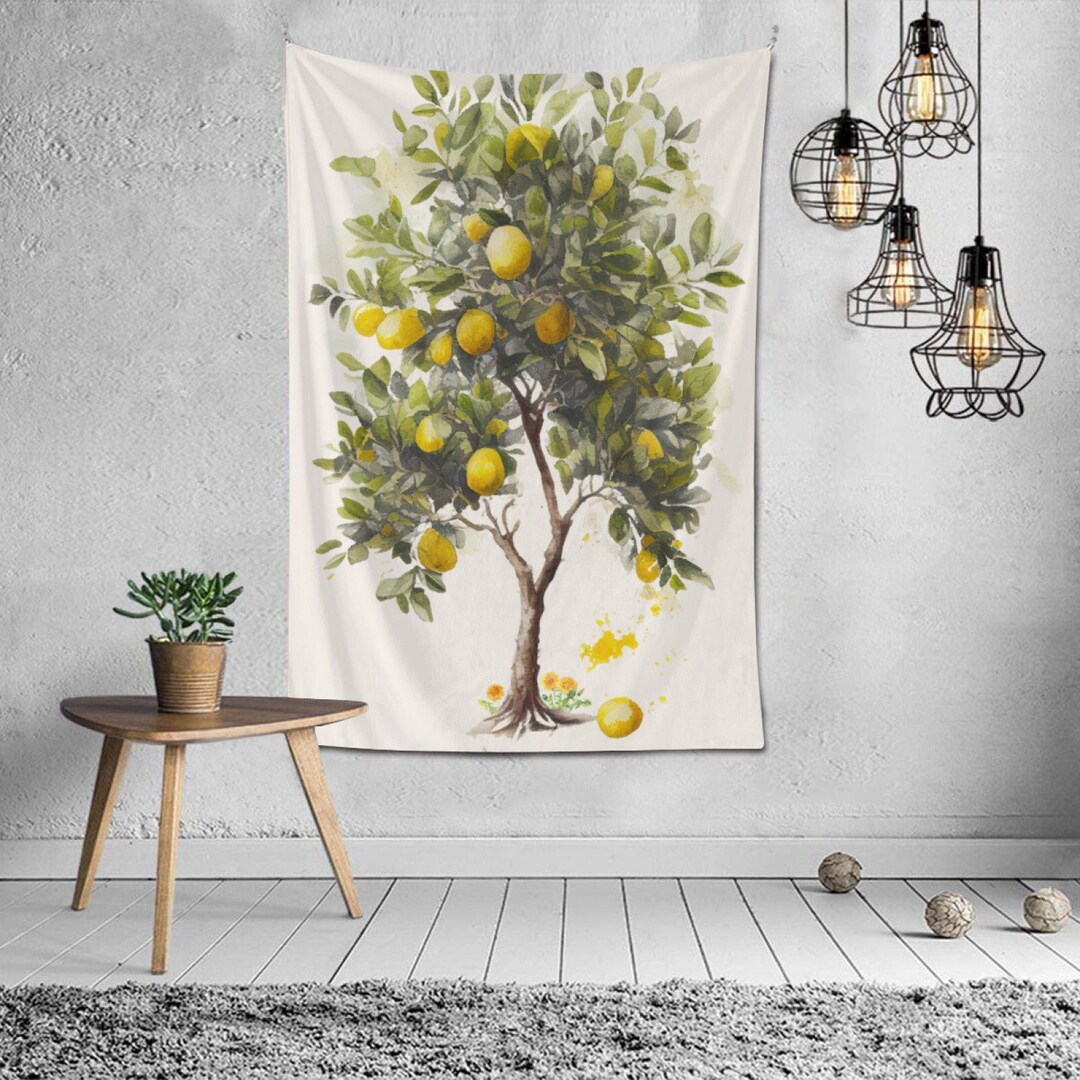 Boho Watercolor Lemon Tree Tapestry Wall Hanging Home Decor Citrus ...