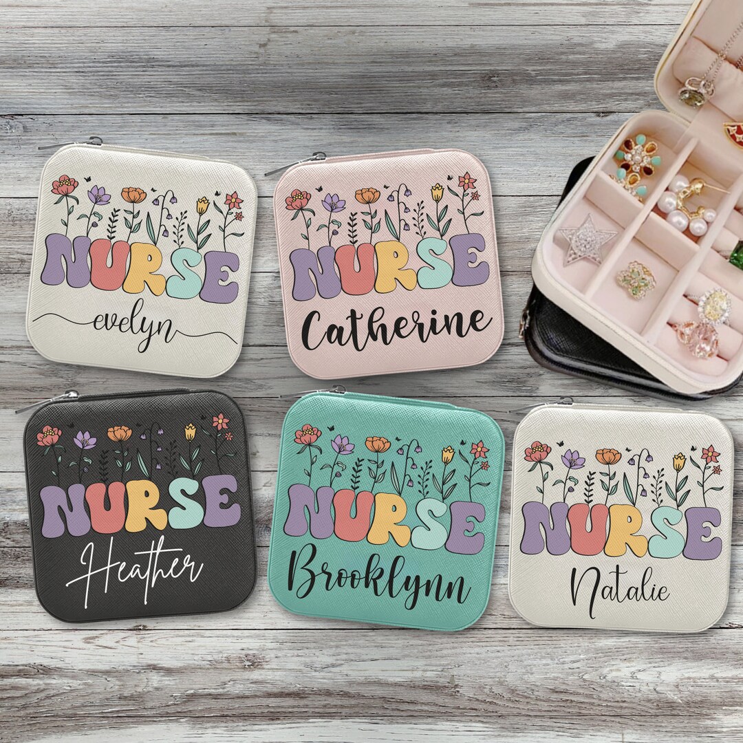 Custom Name Nurse Jewelry Box Travel Personalized Retro Floral Storage ...