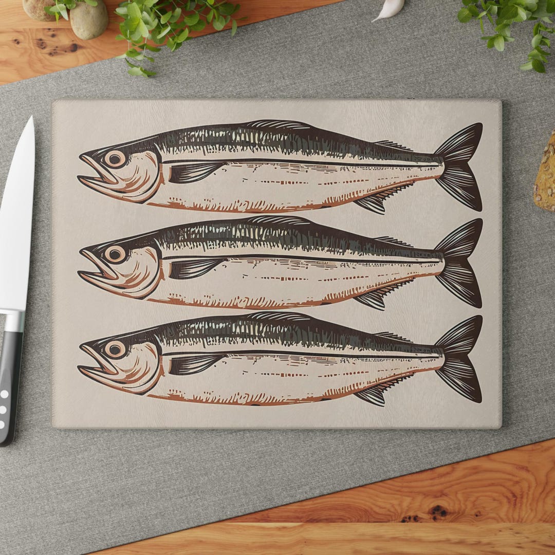 Vintage Sardines Glass Cutting Board Retro Fish Art Charcuterie Serving ...
