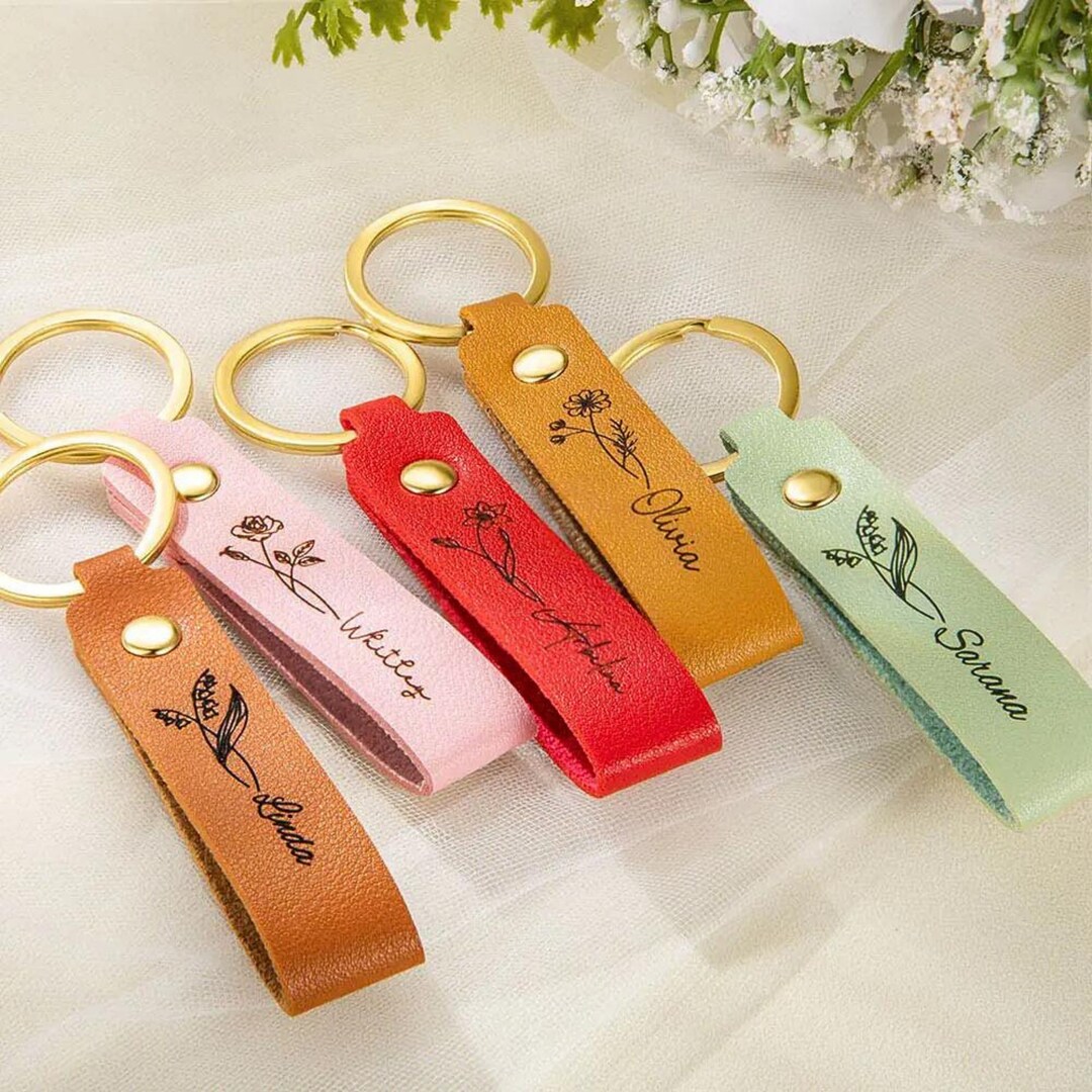 Custom Birth Flower Name Keychain Personalized Leather Key Fob Ring ...