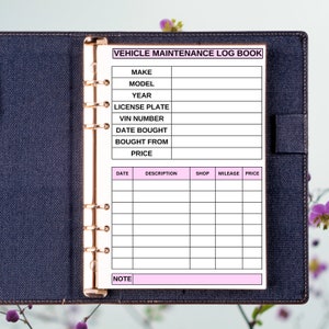 Printable Vehicle Maintenance Log Book Expense Tracker Planner Check ...